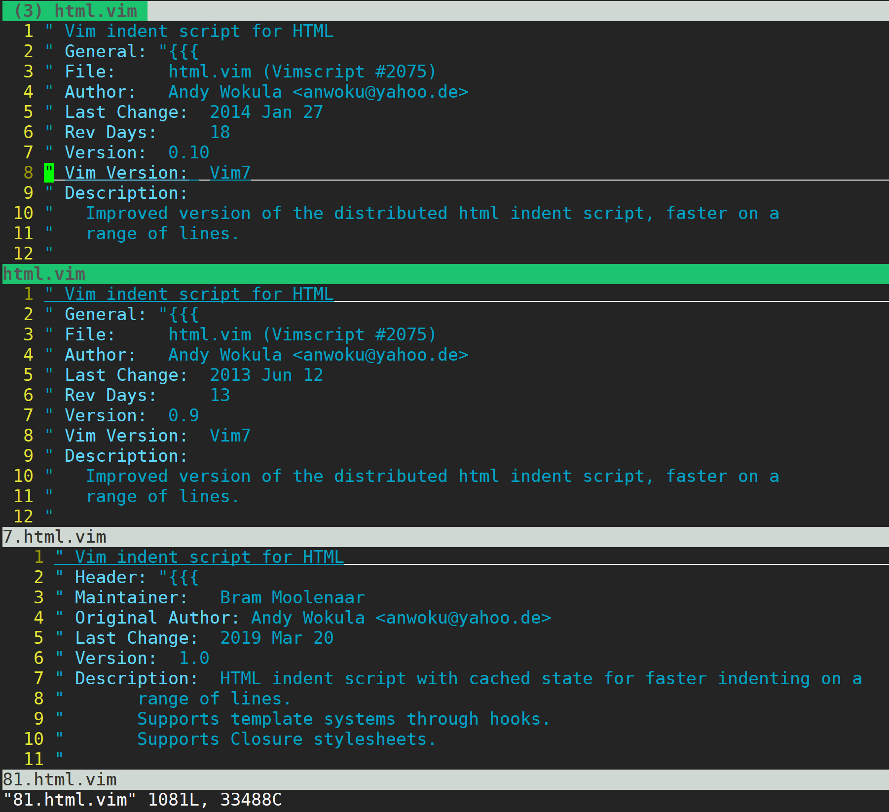 Update html syntax indentation on vim7 Unihon s